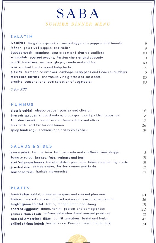 Saba Restaurant Menu | New Orleans Middle Eastern Cuisine