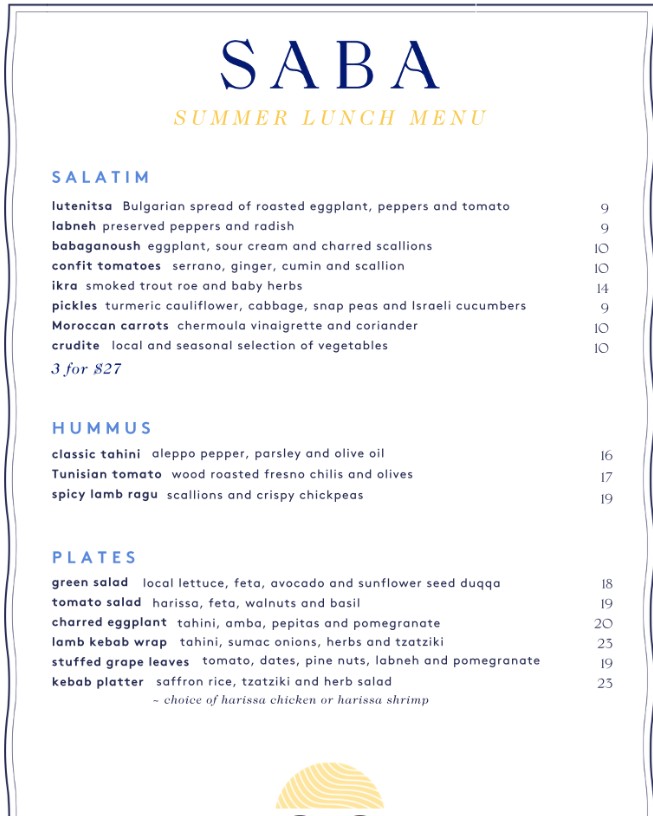 Saba Restaurant Menu | New Orleans Middle Eastern Cuisine
